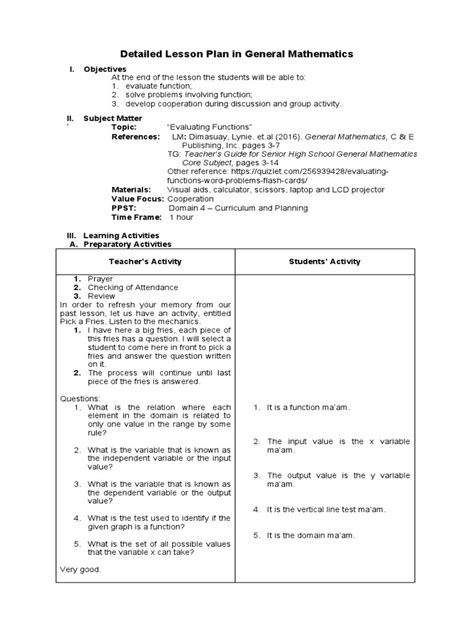 Detailed Lesson Plan In General Mathematics Pdf Function