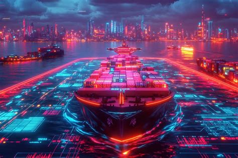 Glowing Cargo Ship On Digital Trade Data Interface With Futuristic Cityscape Stock Illustration