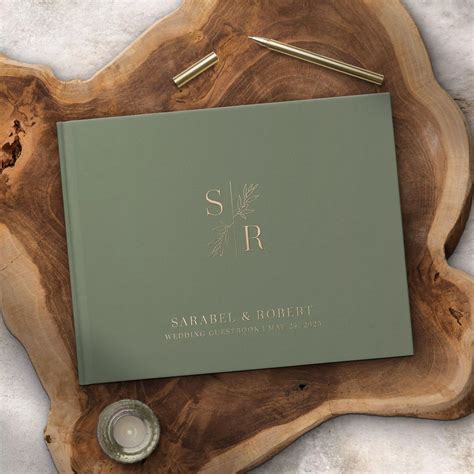 Minimalist Wedding Guest Book Green Personalized Guestbook Hardcover