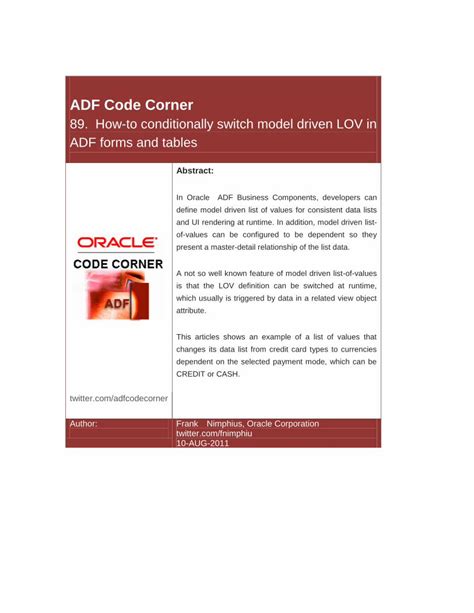 Pdf Adf Code Corner Oracle€¦ · Adf Code Corner How To Conditionally Switch Model Driven Lov