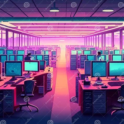 Server Room With Rows Of Computer Monitors 3d Render Illustration Ai