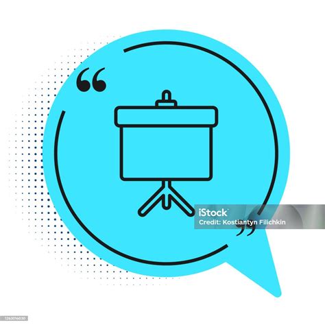 그래프 일정 차트 다이어그램 인포그래픽 흰색 배경에서 격리된 원형 그래프 아이콘이 있는 블랙 라인 프레젠테이션 보드입니다 파란색 음성 버블 기호입니다 벡터 일러스트레이션