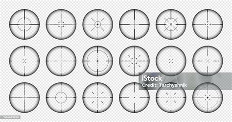 다양한 무기 명소 저격 소총 광학 스코프 십자선이있는 사냥 총 뷰파인더 조준 촬영 마크 기호 군사 대상 표지판 실루엣 게임 인터페이스 Ui 요소입니다 벡터 일러스트 레이 션
