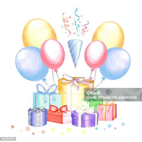 템플릿 생일 축하 수채화 엽서입니다 선물 상자가 있는 축제 분위기의 다채로운 풍선 리본과 색종이 조각이 있는 폭발하는 파티 폭죽