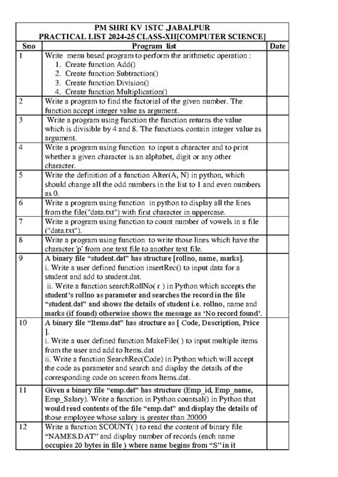 Xii Cs Practical List 2024 Pm Shri Kv 1stc Jabalpur Practical List
