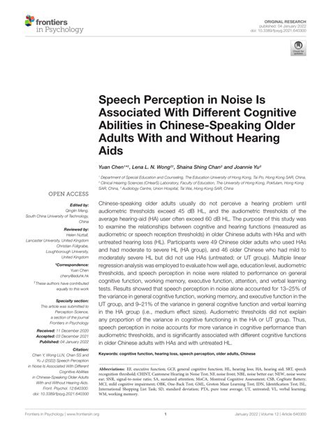 Pdf Speech Perception In Noise Is Associated With Different Cognitive