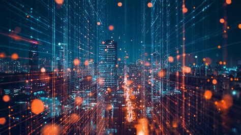 Futuristic City Skyline With Glowing Digital Connections At Night Stock Image Image Of