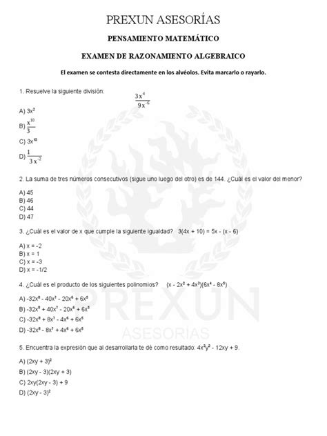 Examen Razonamiento Algebraico Pdf Matemáticas Álgebra