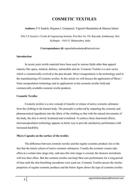 Cosmetic Textiles By Vignesh Dhanabalan Pdf Chemistry Science