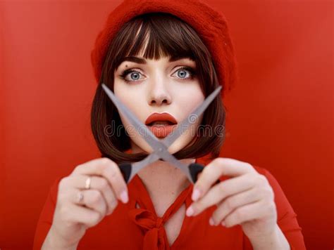 Portrait Of A Girl In Glasses With Scissors In Her Hands Stock Image Image Of Style Pretty