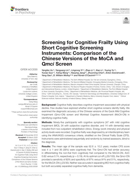 Pdf Screening For Cognitive Frailty Using Short Cognitive Screening Instruments Comparison Of