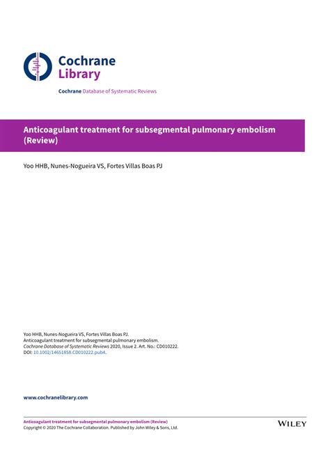 Pdf Anticoagulant Treatment For Subsegmental Pulmonary Embolism