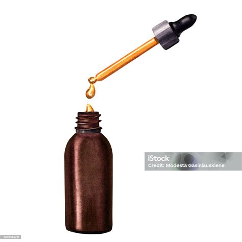 작은 갈색 유리병 스포이드 및 화장품 오일 세럼 또는 약이 들어 있는 피펫 손으로 그린 수채화 그림은 흰색에 고립되어 있습니다 클립 아트 템플릿 레이블의 경우 피펫에 대한