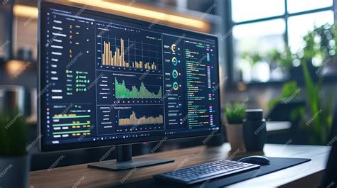 modern desktop with data analytics charts and code on monitor premium