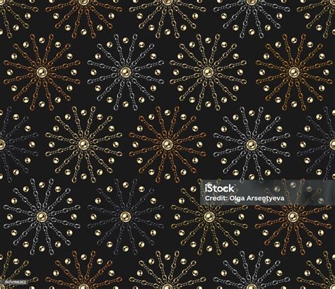 금속 체인과 구슬 버튼의 불꽃 놀이의 별이있는 매끄러운 기하학적 체인 패턴 0명에 대한 스톡 벡터 아트 및 기타 이미지 0명