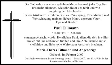 Traueranzeigen Von Paul Tillmann Trauer In Nrwde
