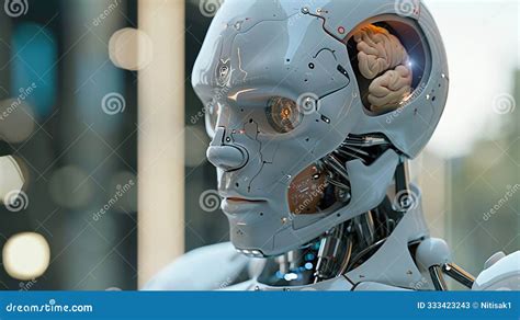 A 3d Model Of A Robot With A Human Brain Inside Blurring The Lines Between Artificial And