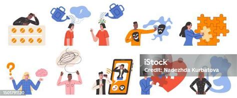 심리 치료 장면 정신 장애가 있는 사람들 우울하고 불안한 환자 심리학자 상담 약물 및 정신 분석의 문제 해결 벡터 심리학 세트 건강관리와 의술에 대한 스톡 벡터 아트 및