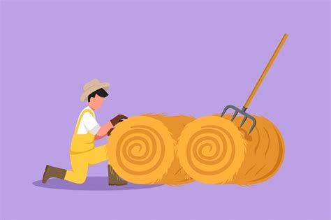 젊은 남성 농부가 건초 더미를 찔러 밀짚 막대기로 말아 올리는 만화 플랫 스타일 가축 노동자 활동 성공적인 농업 개념 그래픽 디자인 벡터 그림 프리미엄 벡터