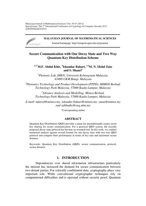 Pdf Secure Communication With One Decoy State And Two Way Quantum Key
