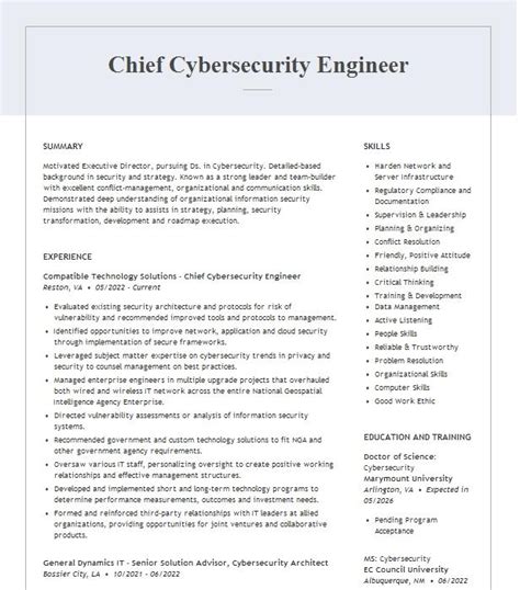 sr cybersecurity engineer resume example