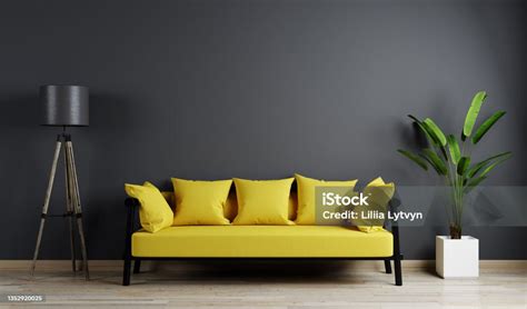 홈 인테리어 고급 현대 어두운 거실 인테리어 검은 빈 벽 모의 노란색 3d 렌더링 거실에 대한 스톡 사진 및 기타 이미지 거실 노랑 파란색 Istock
