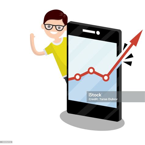 젊은 남자와 비즈니스 성장 그래프와 거 대 한 전화 구독자 및 조회수의 블로거 및 통계 빨간색 화살표가 테두리와 프레임을