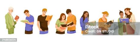 책을 읽는 만화 캐릭터의 다양한 그룹 교육과 문맹 퇴치의 개념을 나타내는 평범한 배경에 벡터 그림 벡터 일러스트 레이 션 교육에 대한 스톡 벡터 아트 및 기타 이미지