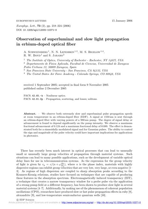 Pdf Observation Of Superluminal And Slow Light Propagation In Erbium Doped Optical Fiber