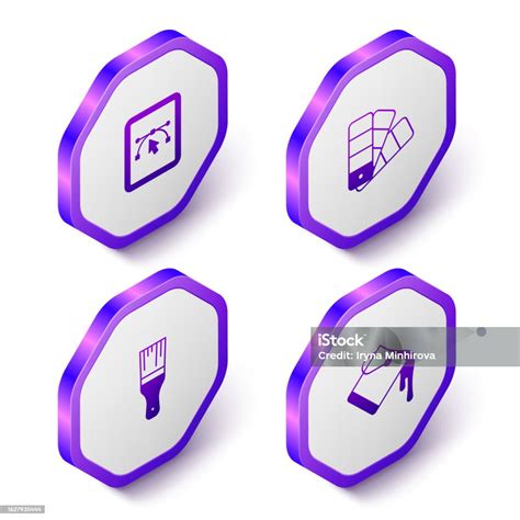 디자인 프로그램 색상 팔레트 가이드 페인트 브러시 및 버킷 아이콘으로 아이소메트릭 컴퓨터를 설정합니다 보라색 육각형 버튼 벡터 3차원 형태에 대한 스톡 벡터 아트 및 기타