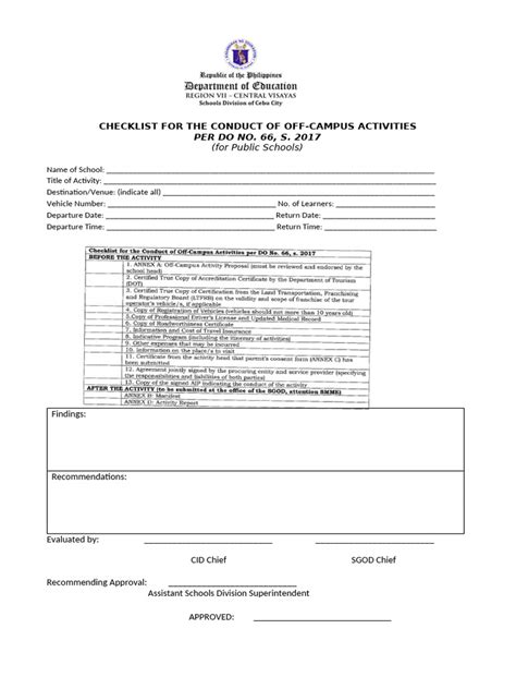 Off Campus Activities Checklist Pdf