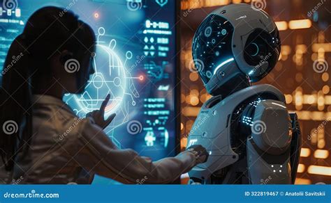 a woman interacts with a humanoid robot with a touchscreen interface
