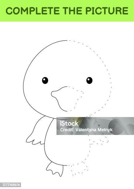 귀여운 오리의 사진을 완료합니다 색칠 공부 그림을 복사합니다 필기 연습 그리기 기술 훈련 인쇄 가능한 워크시트 를 개발하는 교육 활동 페이지입니다 만화 벡터 일러스트레이션