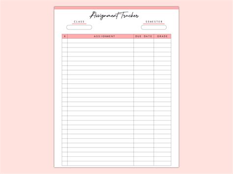 Assignment Tracker Printable Assignment Log Homework Planner