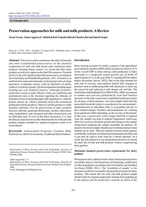 Pdf Preservation Approaches For Milk And Milk Products A Review