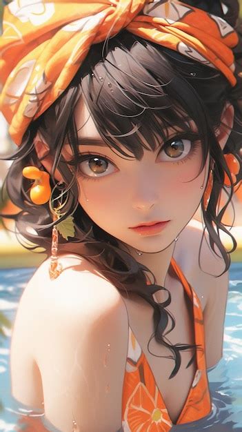 Premium Photo Anime Girl In A Bikini In A Pool With Orange Flowers