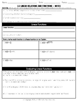 Linear Relations And Functions Guided Notes Algebra TpT