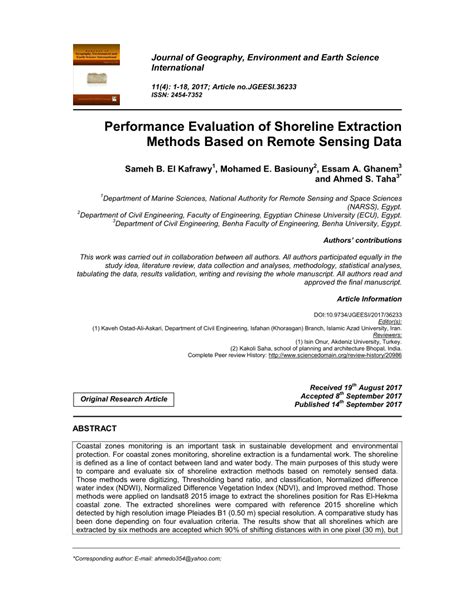 Pdf Performance Evaluation Of Shoreline Extraction Methods Based On Remote Sensing Data