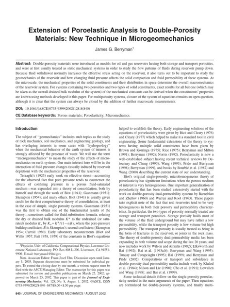 Extension Of Poroelastic Analysis To Double Porosity Materials New Technique In