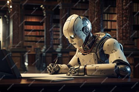 Premium Ai Image 3d Rendering Of A Robot Reading A Book In A Library