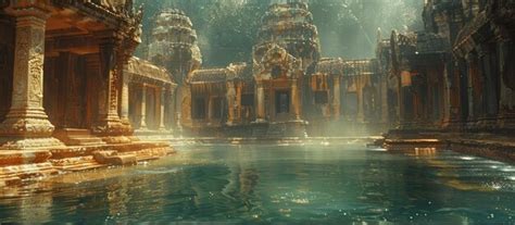 Ancient Temple Reflecting In A Tranquil Pool Premium Ai Generated Image