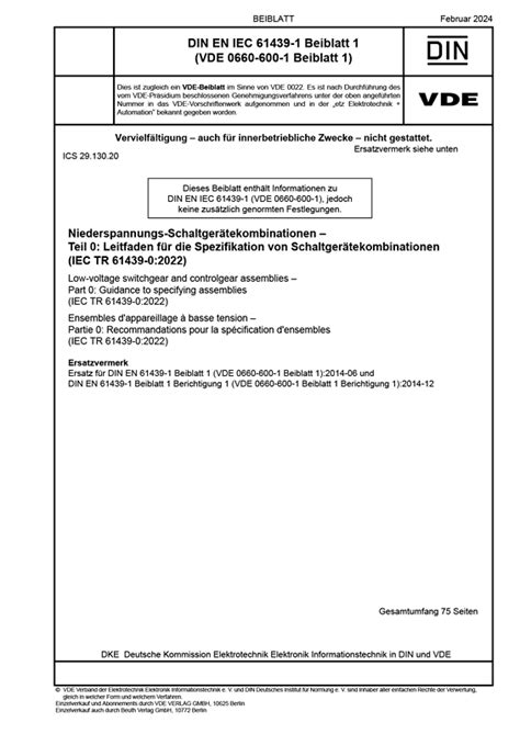 DIN EN IEC 61439-1 VDE 0660-600-1 Beiblatt 1:2024-02 - Normen - VDE VERLAG