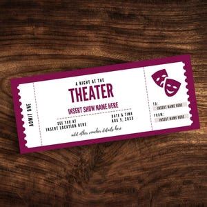 Custom Theater Ticket Template Printable Play Show Ticket Coupon