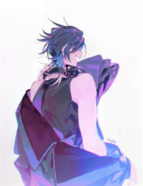 Safebooru 1boy Arm Up Bare Shoulders Black Shirt Blue Hair Headphones