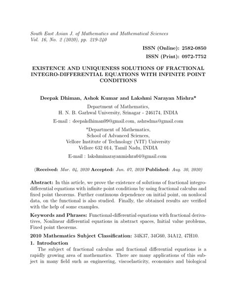 Pdf Existence And Uniqueness Solutions Of Fractional Integro Differential Equations With