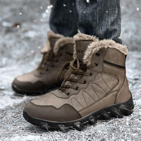 Fur Lined Boots Mens Winter Snow Boots Waterproof Fur Lined Hiking