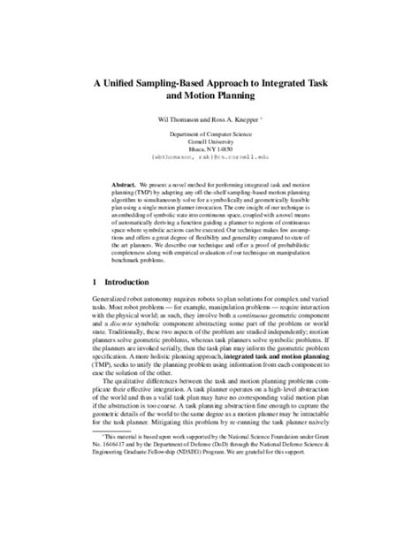 Pdf A Unified Sampling Based Approach To Integrated Task And Motion