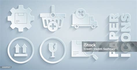 깨지기 쉬운 깨진 유리 설정 배달화물 트럭 차량 이쪽이 위로 패키지 검색 쇼핑 바구니에 추가 및 상자 아이콘이있는 기어 휠 벡터 3차원 형태에 대한 스톡 벡터 아트 및 기타