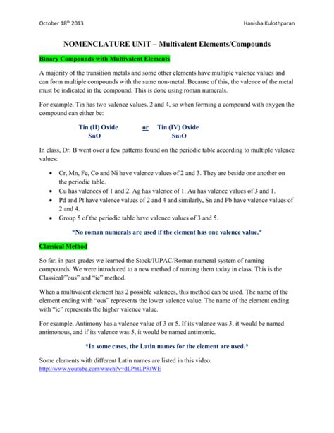 Nomenclature Unit Multivalent Elements