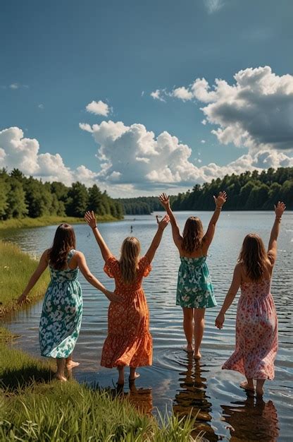 Group Of Friends Standing In Lake Premium Ai Generated Image